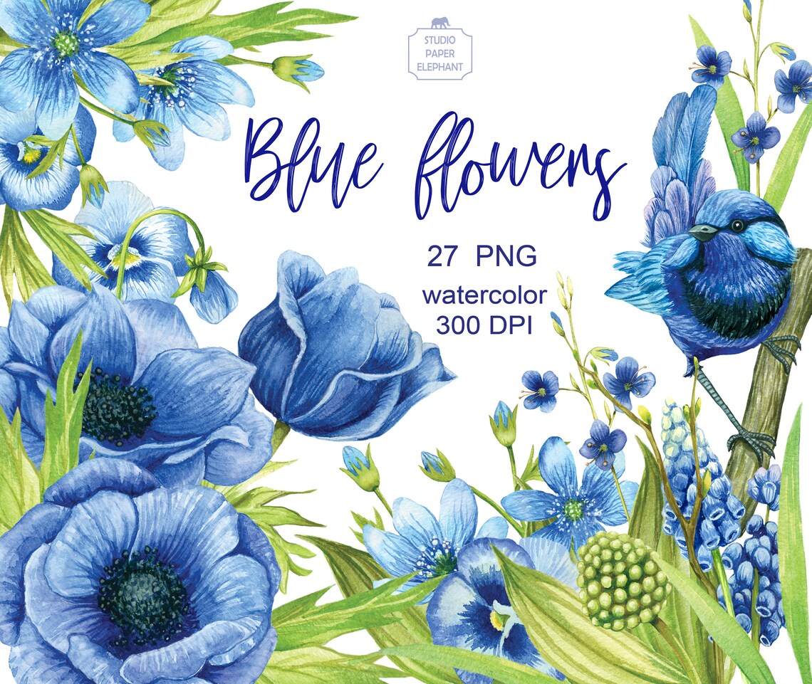 Watercolor Clipart Blue Flowers Floral Spring Clipart | Etsy