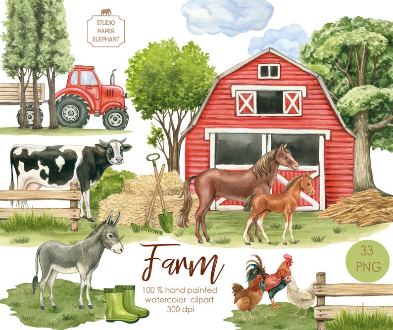 Watercolor Farm Clipart: Animals, Barn, Tractor (PNG Digital Download ...