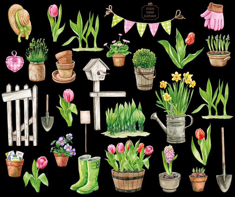Watercolor Spring Garden Clipart Spring Flowers in Pots - Etsy