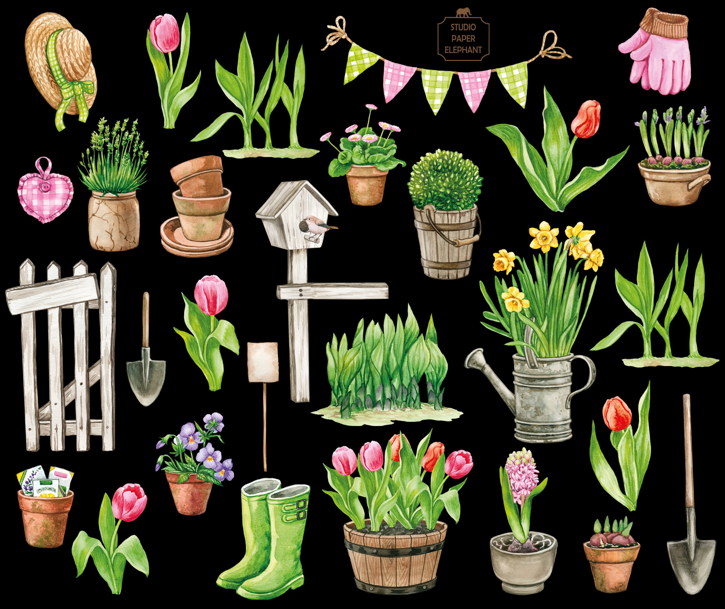 Watercolor Spring Garden Clipart Spring Flowers in Pots - Etsy