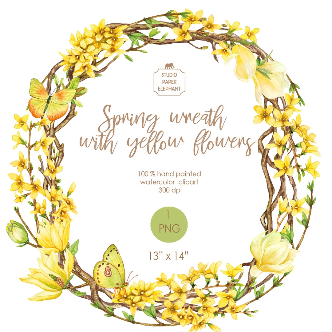Watercolor Spring Wreath With Yellow Flowers Forsythia and Yellow ...