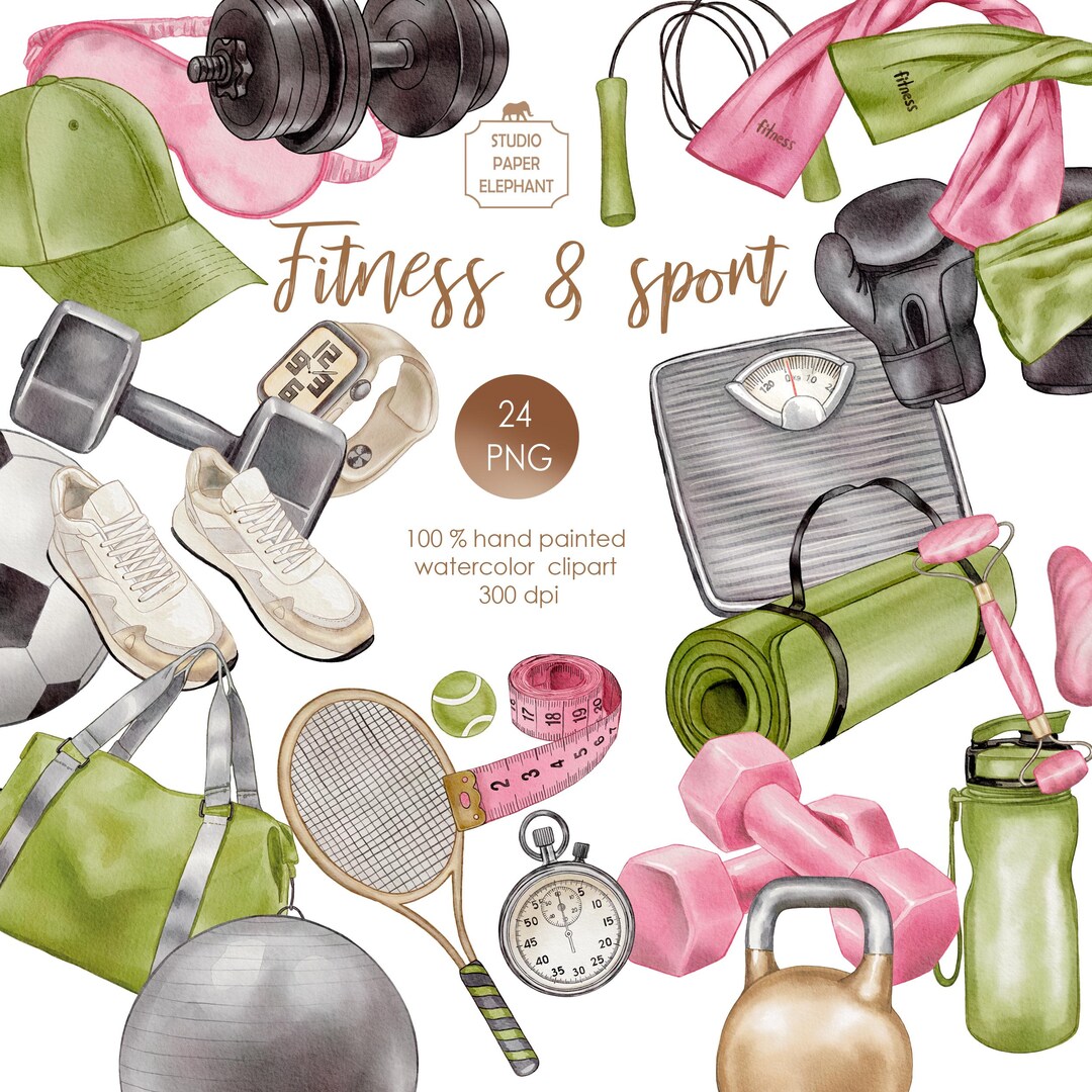 Watercolor Fitness Sport Clipart, Sports Equipment, Training, Green ...