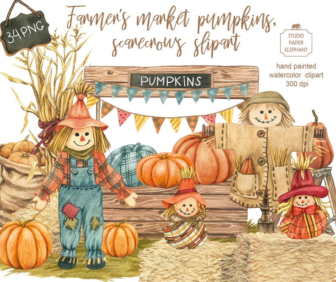 Watercolor Scarecrow Clipart, Farmer's Market, Pumpkin Harvest, Autumn ...