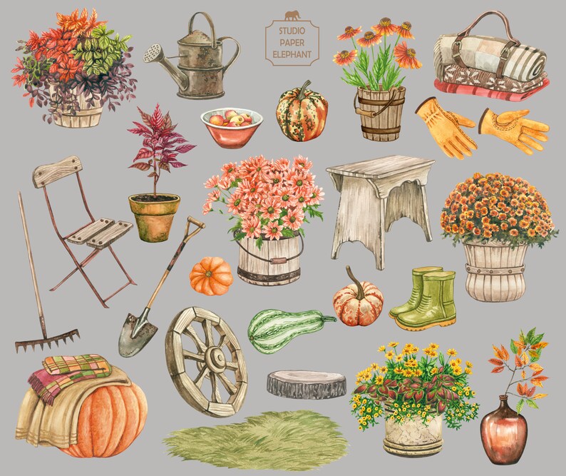 Watercolor Autumn Garden Clipart Farmhouse Garden Clipart - Etsy