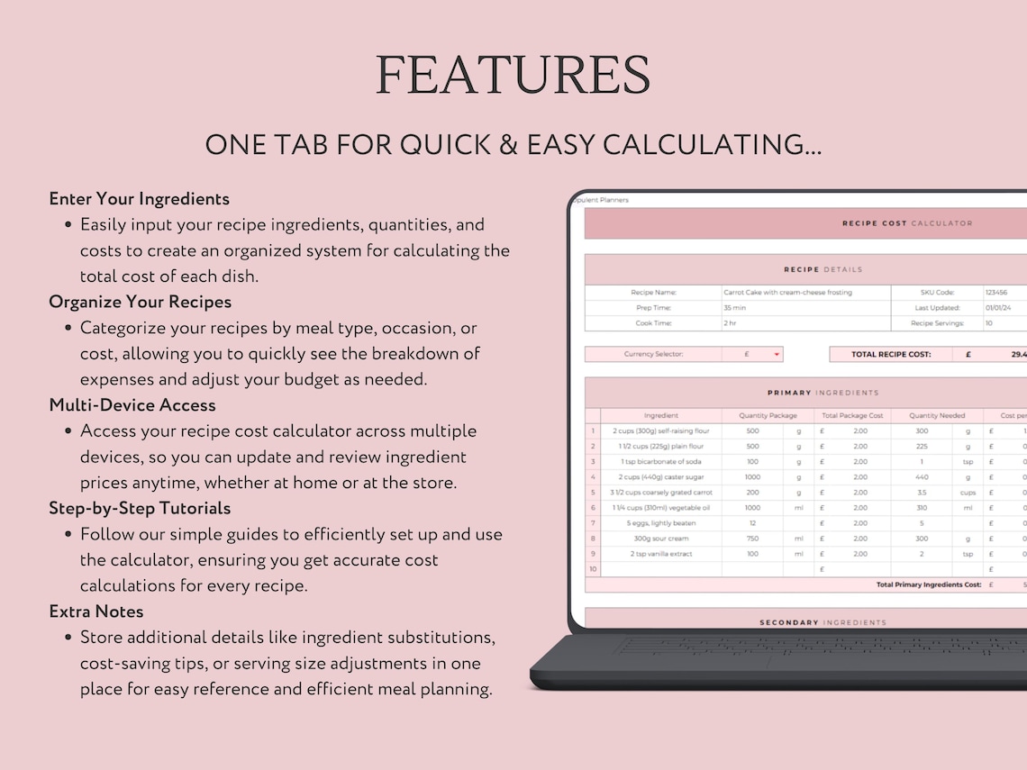 Recipe Cost Calculator for Cooking & Baking, Google Sheets Excel ...