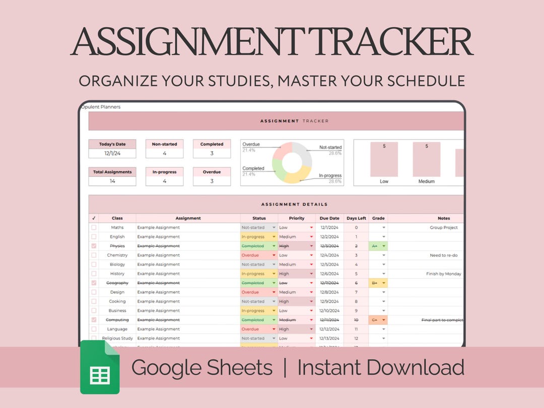 Assignment Tracker Spreadsheet Student Planner Google Sheets, Calendar ...