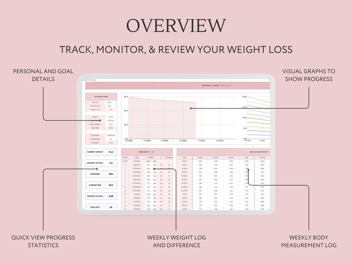 Weight Loss Tracker Journal Measurement Log, Daily Weekly Body Progress ...