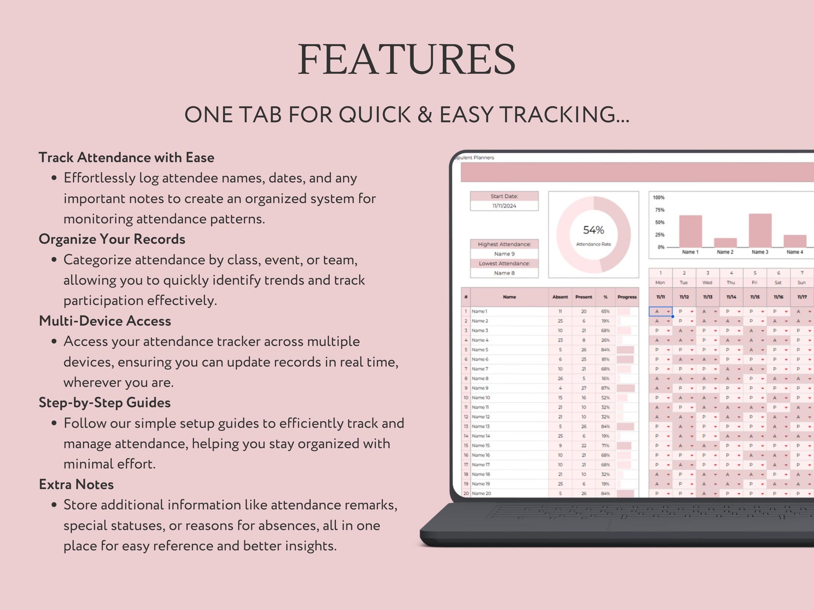 Attendance Tracker, School Attendance, Weekly Attendance Chart, Absence ...