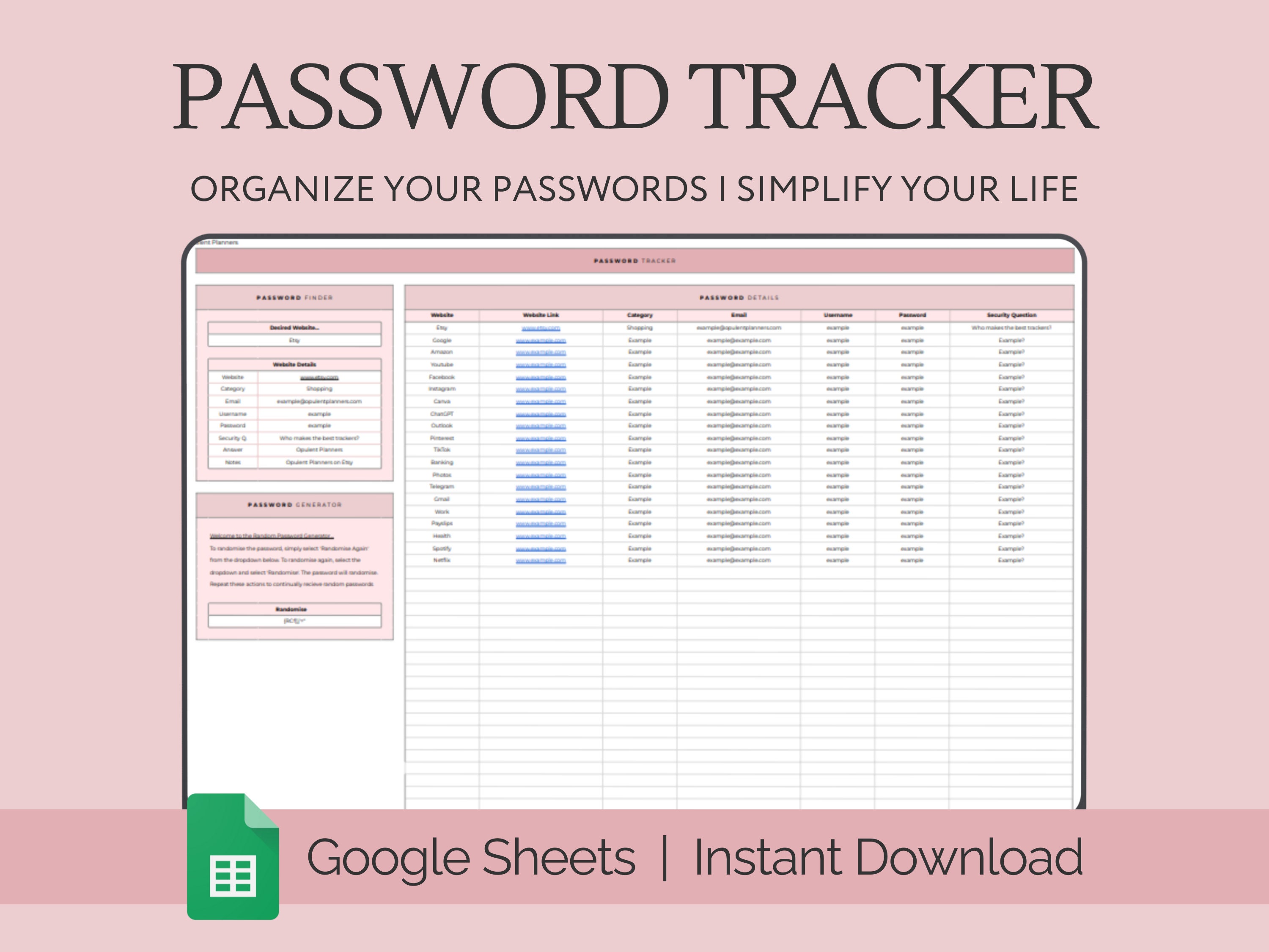 Password Tracker Spreadsheet Google Sheets, Password Keeper, Password ...