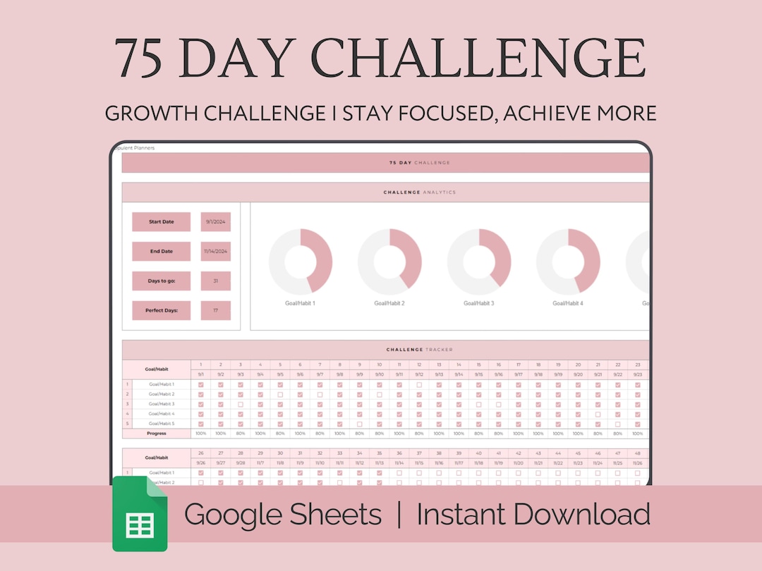75 Soft Challenge, Google Sheets Spreadsheet Template, Personal Growth ...