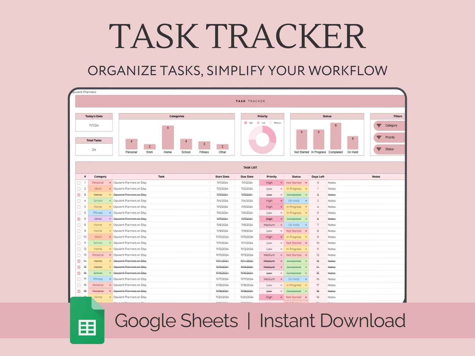 Task Tracker Spreadsheet Google Sheets, to Do List, Planner Spreadsheet ...