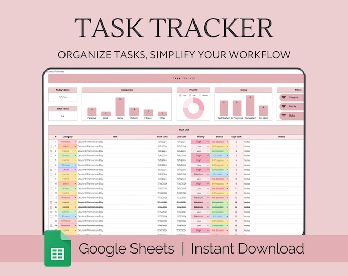 Task Tracker Spreadsheet | Google Sheets | to Do List | Planner Spreadsheet | Task List Template ...