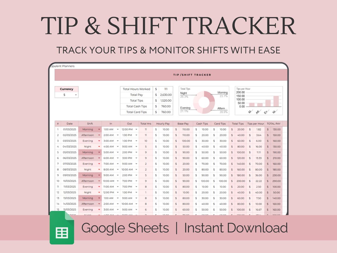 Tip Shift Tracker, Money Tracker, Server Tip Tracker, Shift Plan ...