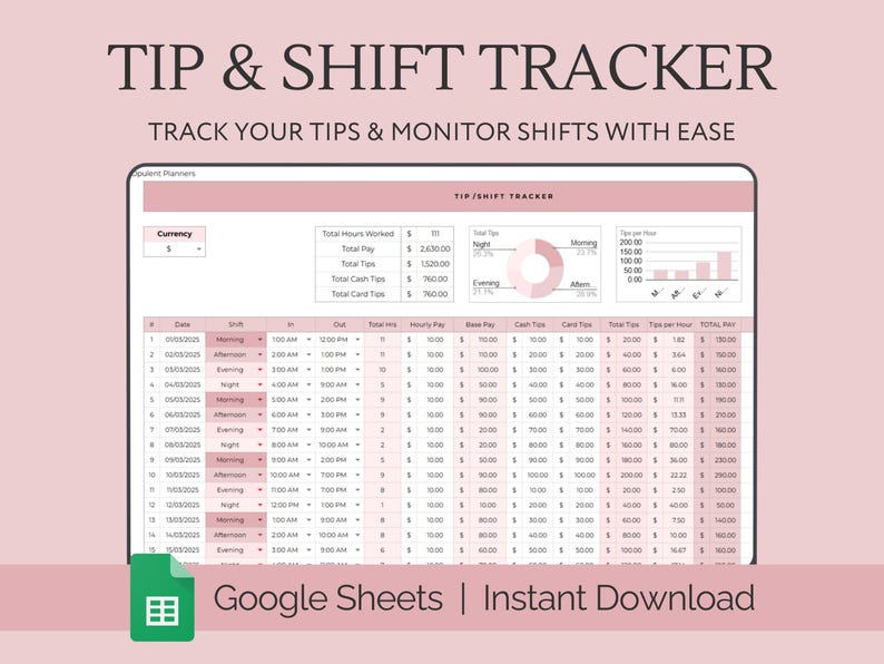 Tip Shift Tracker, Money Tracker, Server Tip Tracker, Shift Plan ...