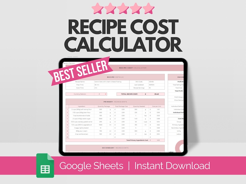 Recipe Cost Calculator for Cooking & Baking, Google Sheets Excel ...