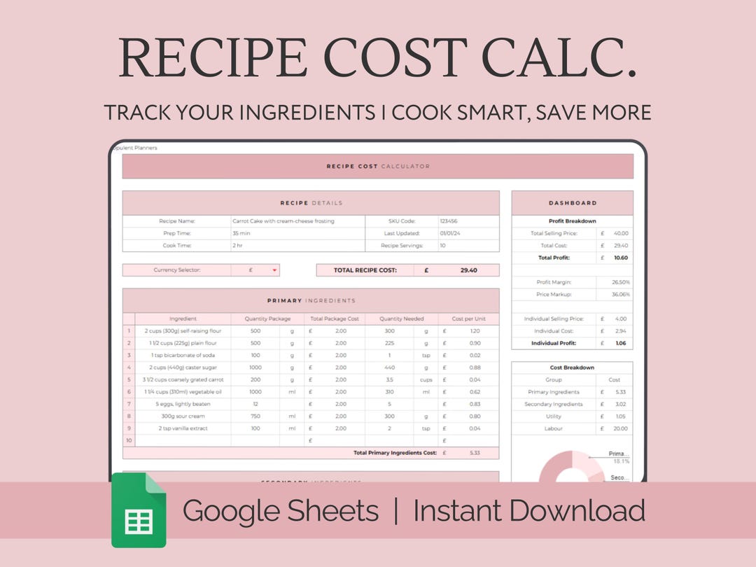 Recipe Cost Calculator for Cooking & Baking, Google Sheets Excel ...