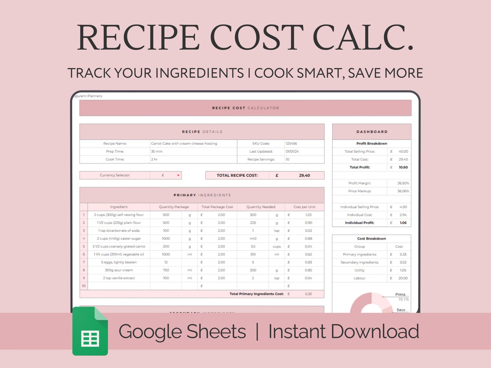 Recipe Cost Calculator for Cooking & Baking, Google Sheets Excel ...