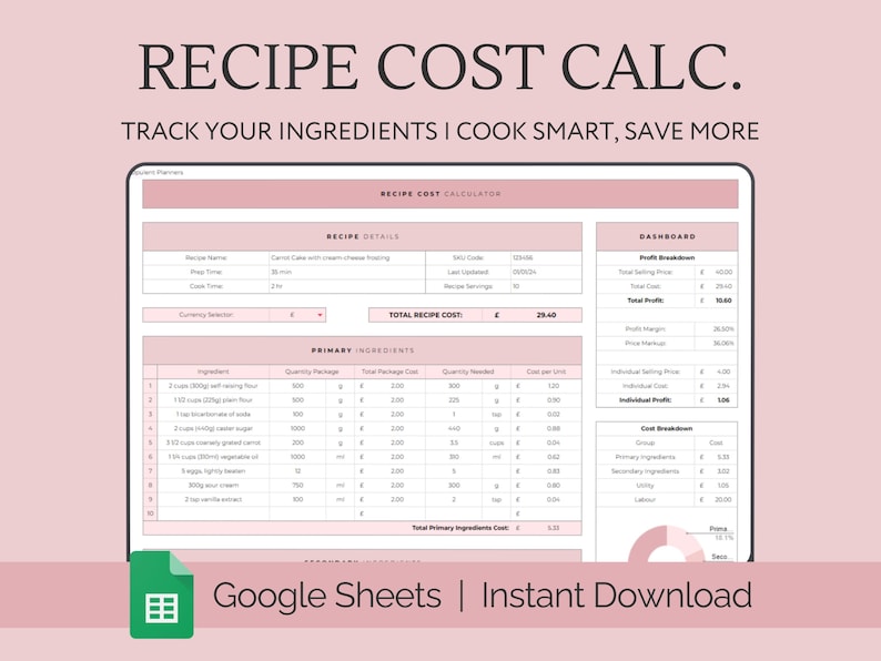 Recipe Cost Calculator for Cooking & Baking, Google Sheets Excel, Recipe Price, Recipe ...