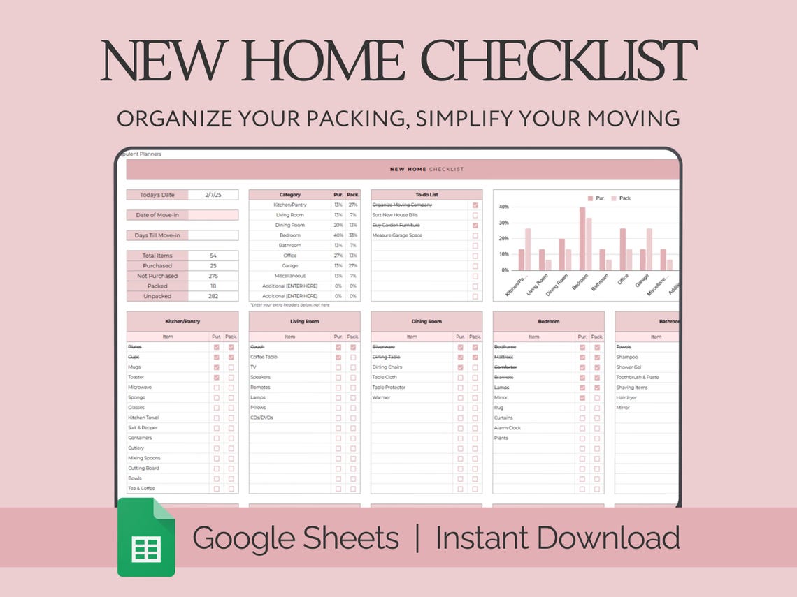 New Home Checklist Template, Moving Planner, Inventory Tracker, First ...