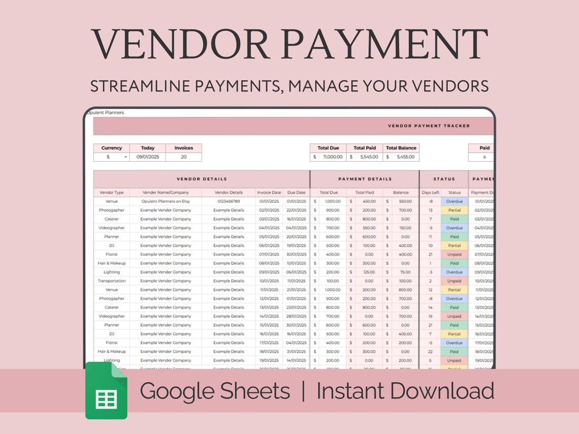 Wedding Vendor Payment Tracker, Wedding Spreadsheets, Wedding Planning ...