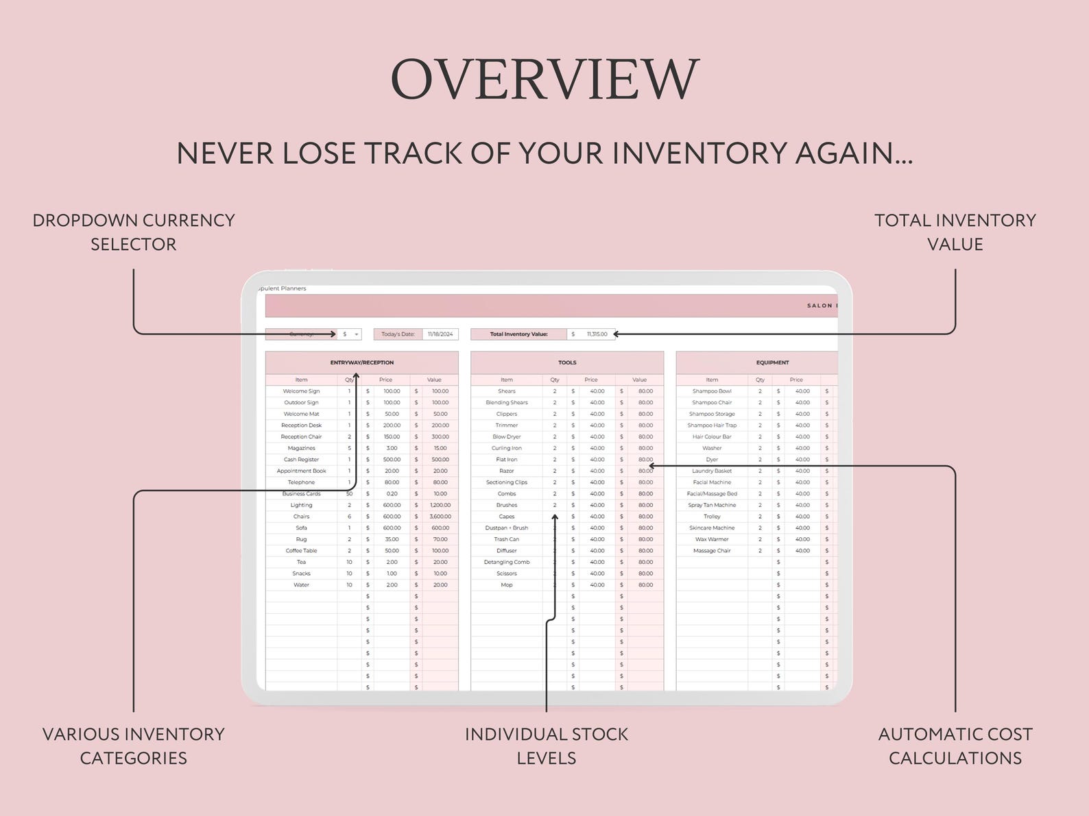 Salon Inventory Template, Salon Inventory Tracker Log, Beauty Salon ...