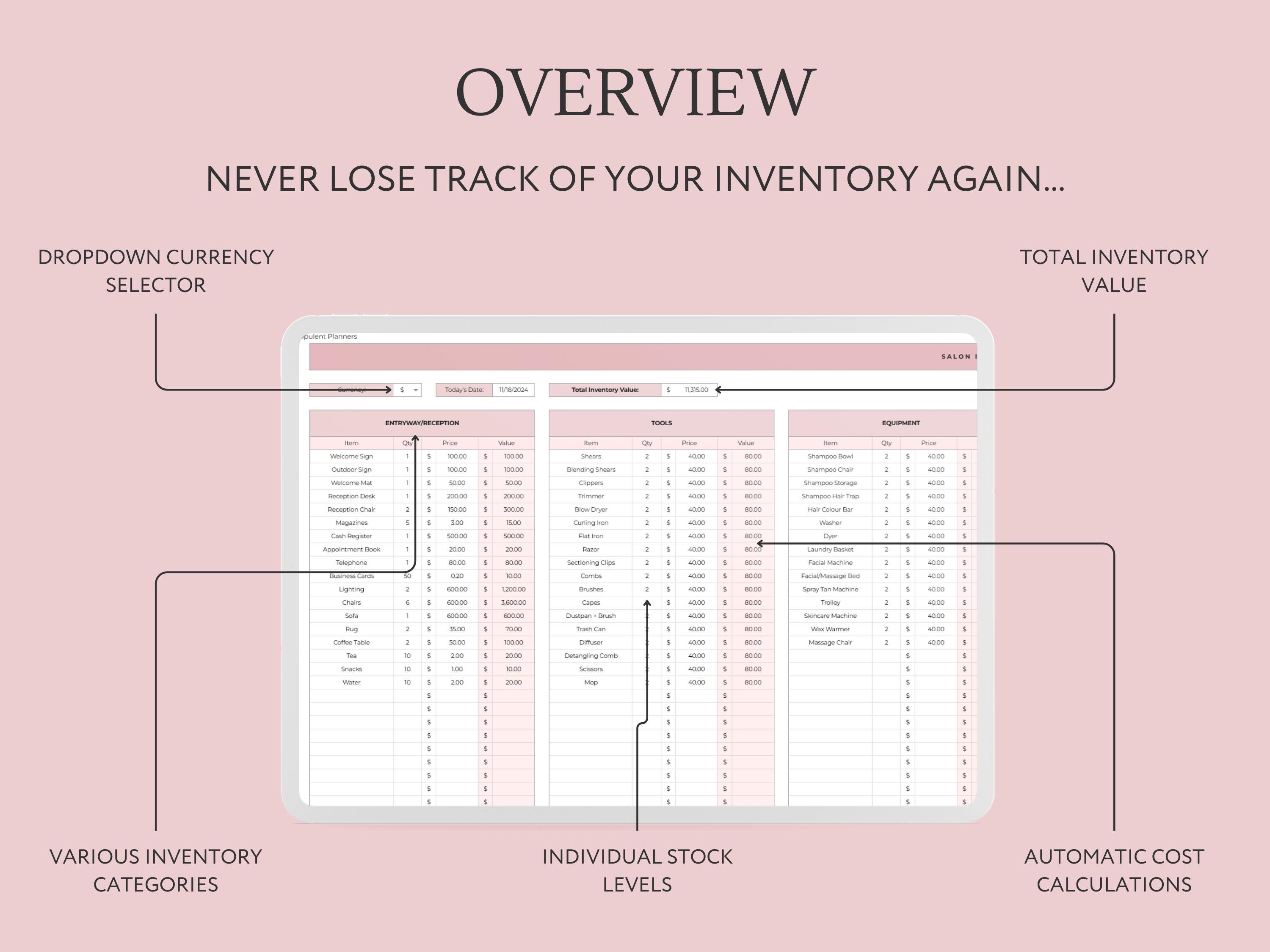Salon Inventory Template, Salon Inventory Tracker Log, Beauty Salon ...