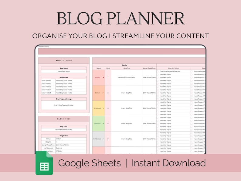 Blog Planner Template Google Sheets Spreadsheet, Digital Content ...