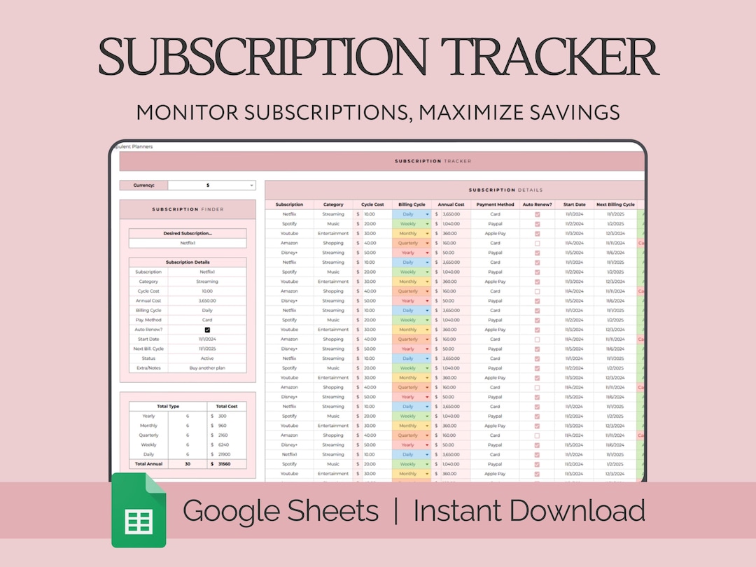 Subscription Tracker Google Sheets Template, Monthly Payment ...