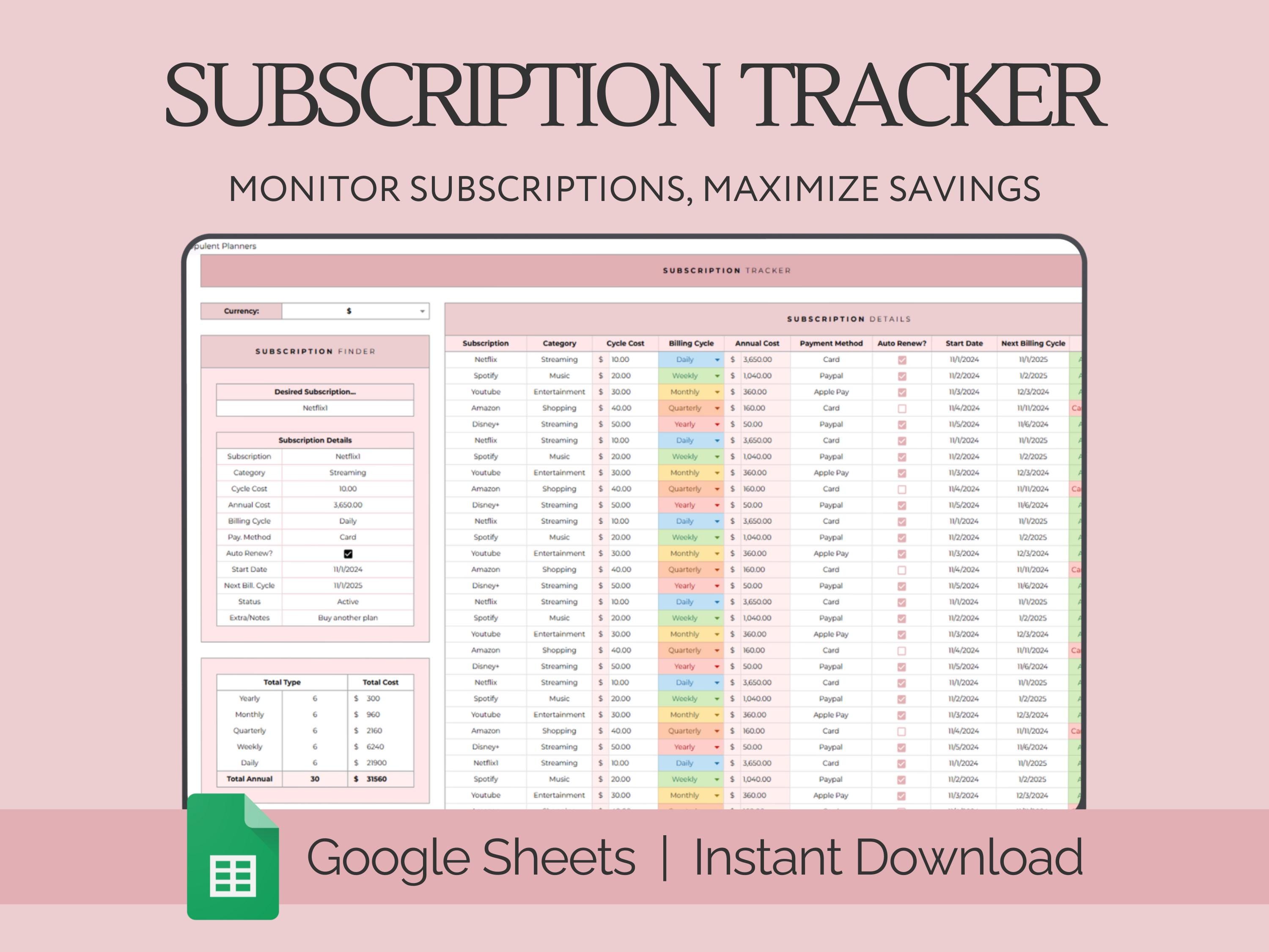 Subscription Tracker Google Sheets Template, Monthly Payment ...
