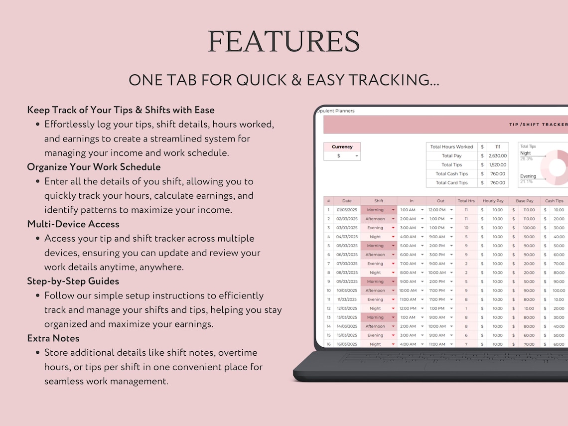 Tip Shift Tracker, Money Tracker, Server Tip Tracker, Shift Plan ...