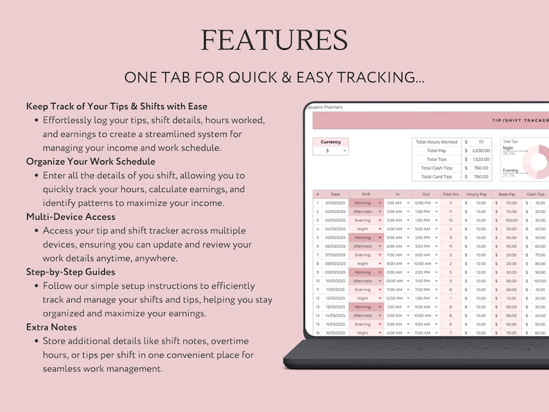 Tip Shift Tracker, Money Tracker, Server Tip Tracker, Shift Plan ...