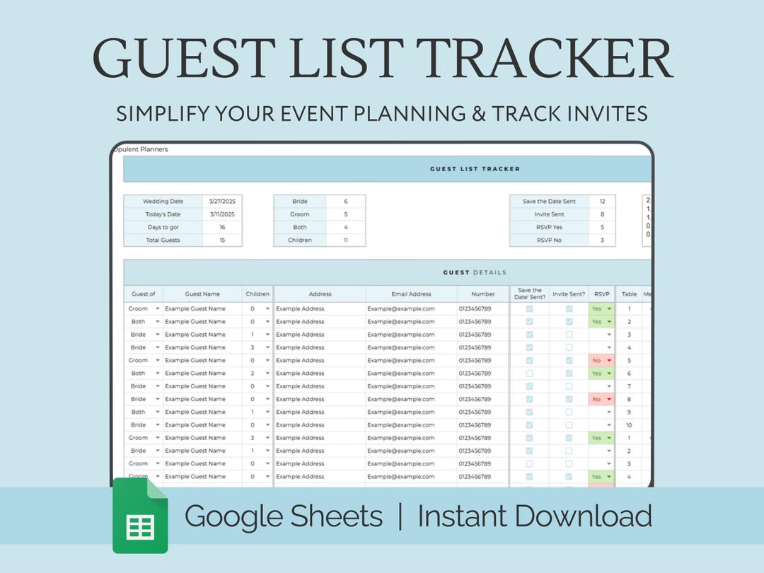 Wedding Guest Tracker & Seating Chart for Google Sheets, Wedding Planer ...