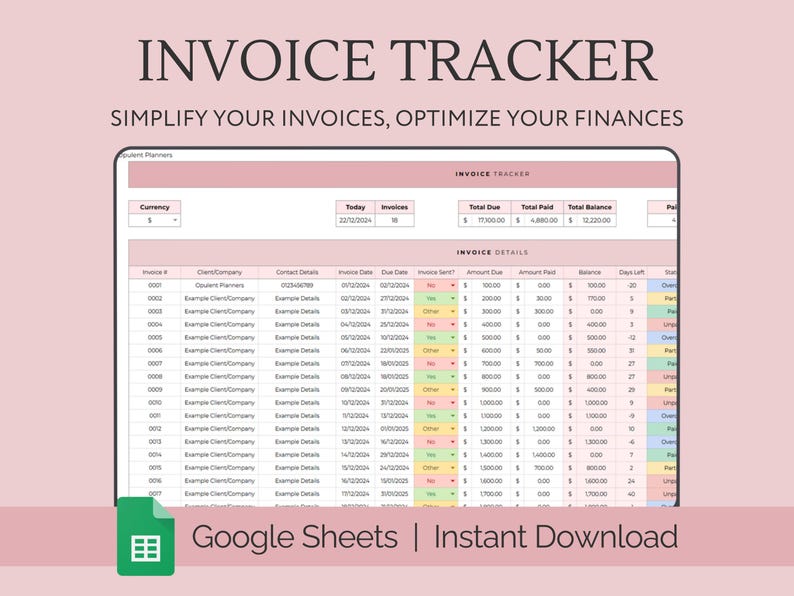 Invoice Tracker for Google Sheets, Invoice Tracker Template Spreadsheet, Small Business Invoice ...