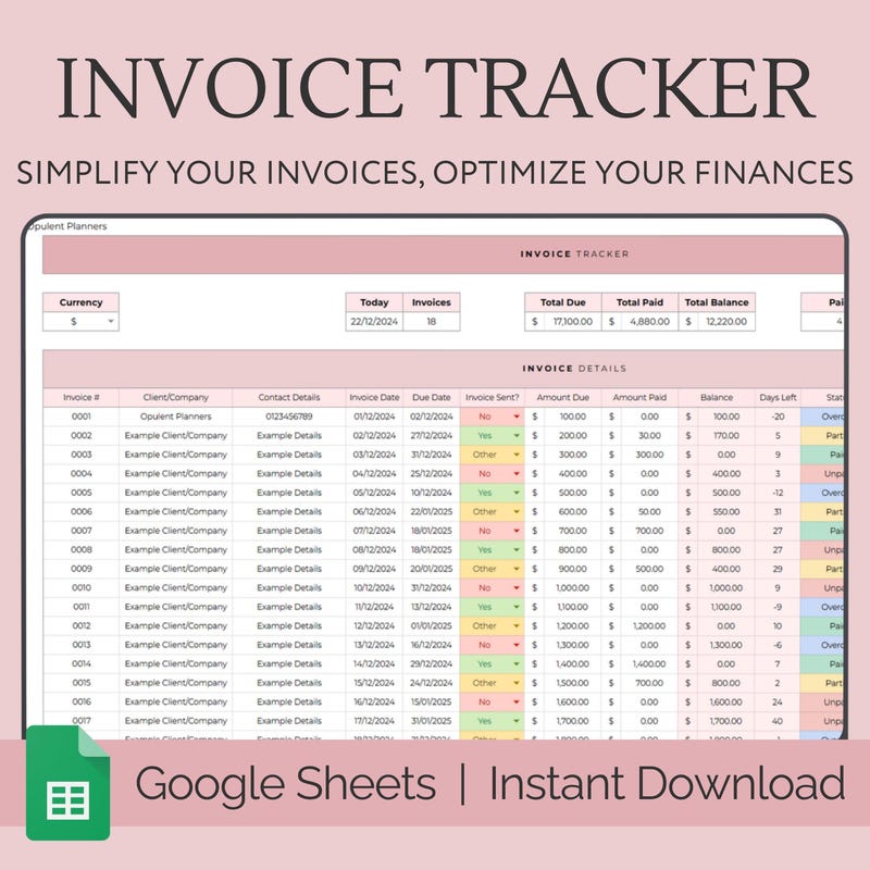 Invoice Tracker Spreadsheet Google Sheets - Etsy
