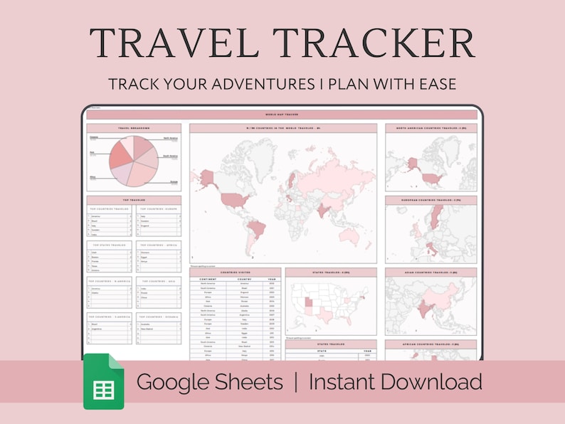 Travel Tracker Spreadsheet Google Sheets Digital World Map Planner for ...
