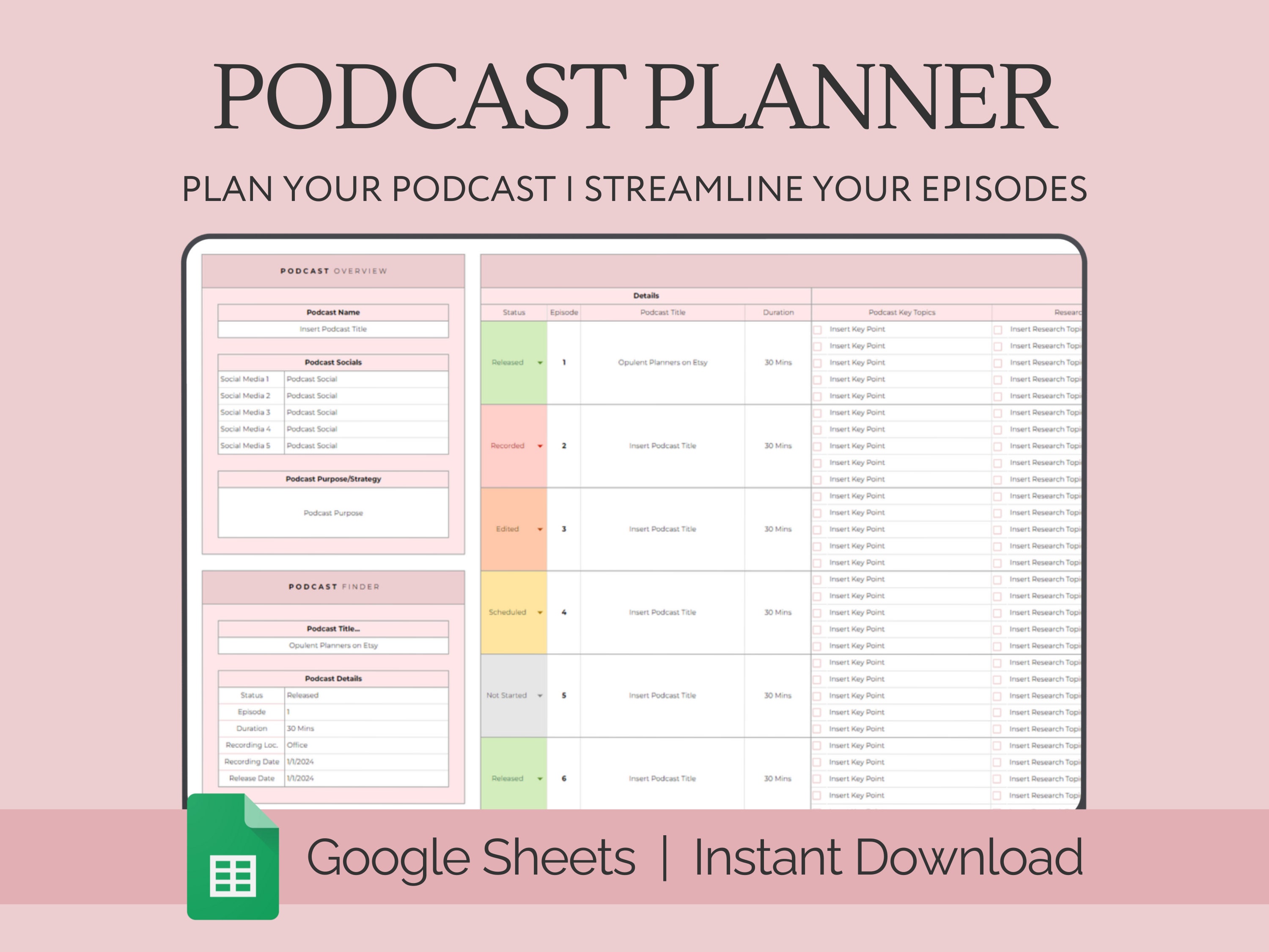 Podcast Planner Template Google Sheets Spreadsheet, Digital Content ...