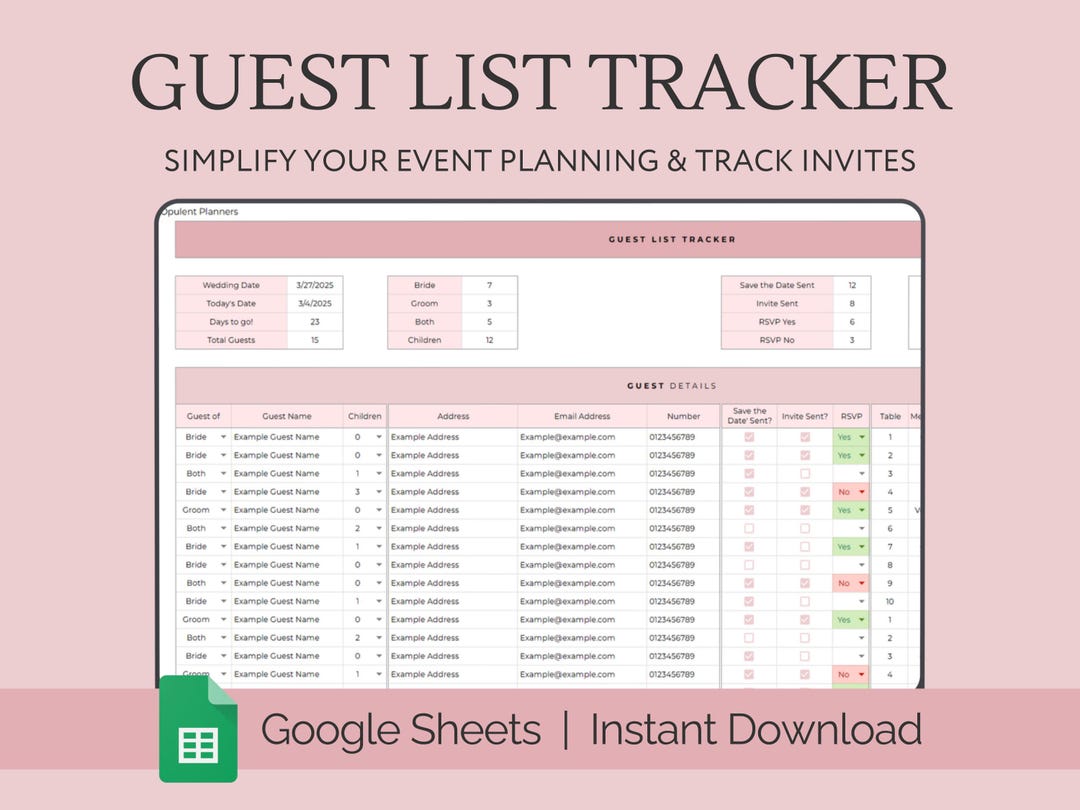 Wedding Guest Tracker & Seating Chart for Google Sheets, Wedding Planer ...
