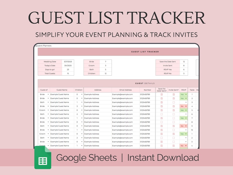 Wedding Guest Tracker & Seating Chart for Google Sheets, Wedding Planer ...