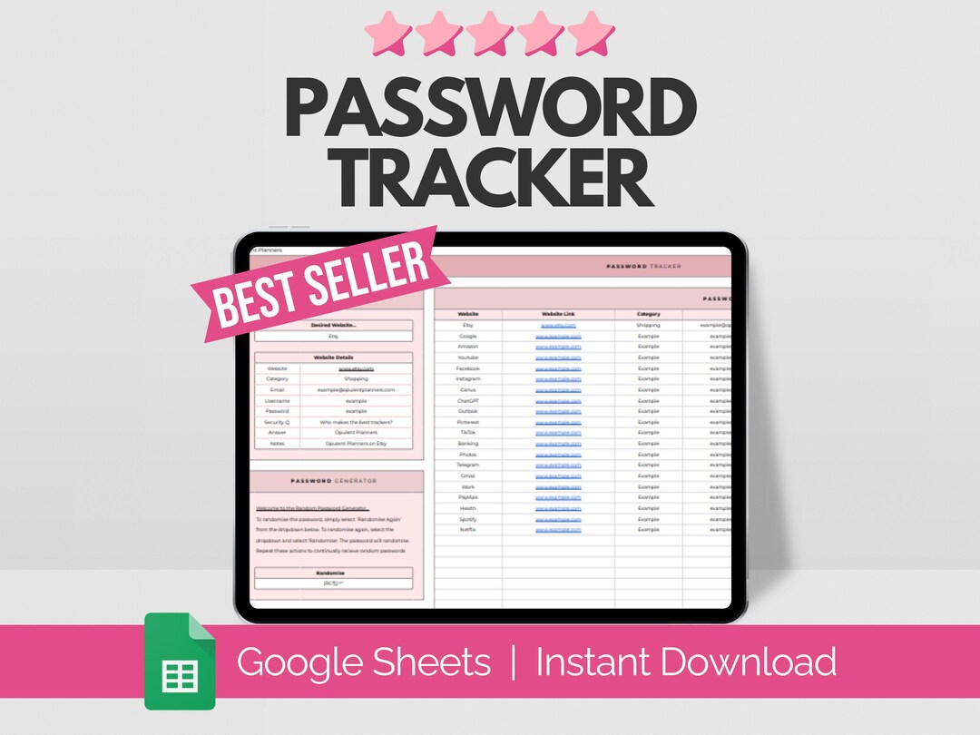 Password Tracker Spreadsheet Google Sheets, Password Keeper, Password ...