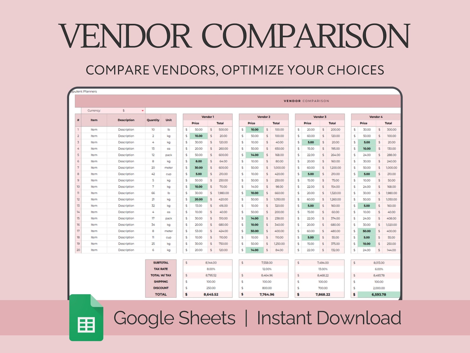 Vendor Price Comparison Google Sheets, Price Tracker, Price Comparison ...