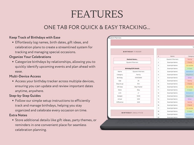 Birthday & Anniversary Tracker Spreadsheet for Google Sheets, Yearly ...