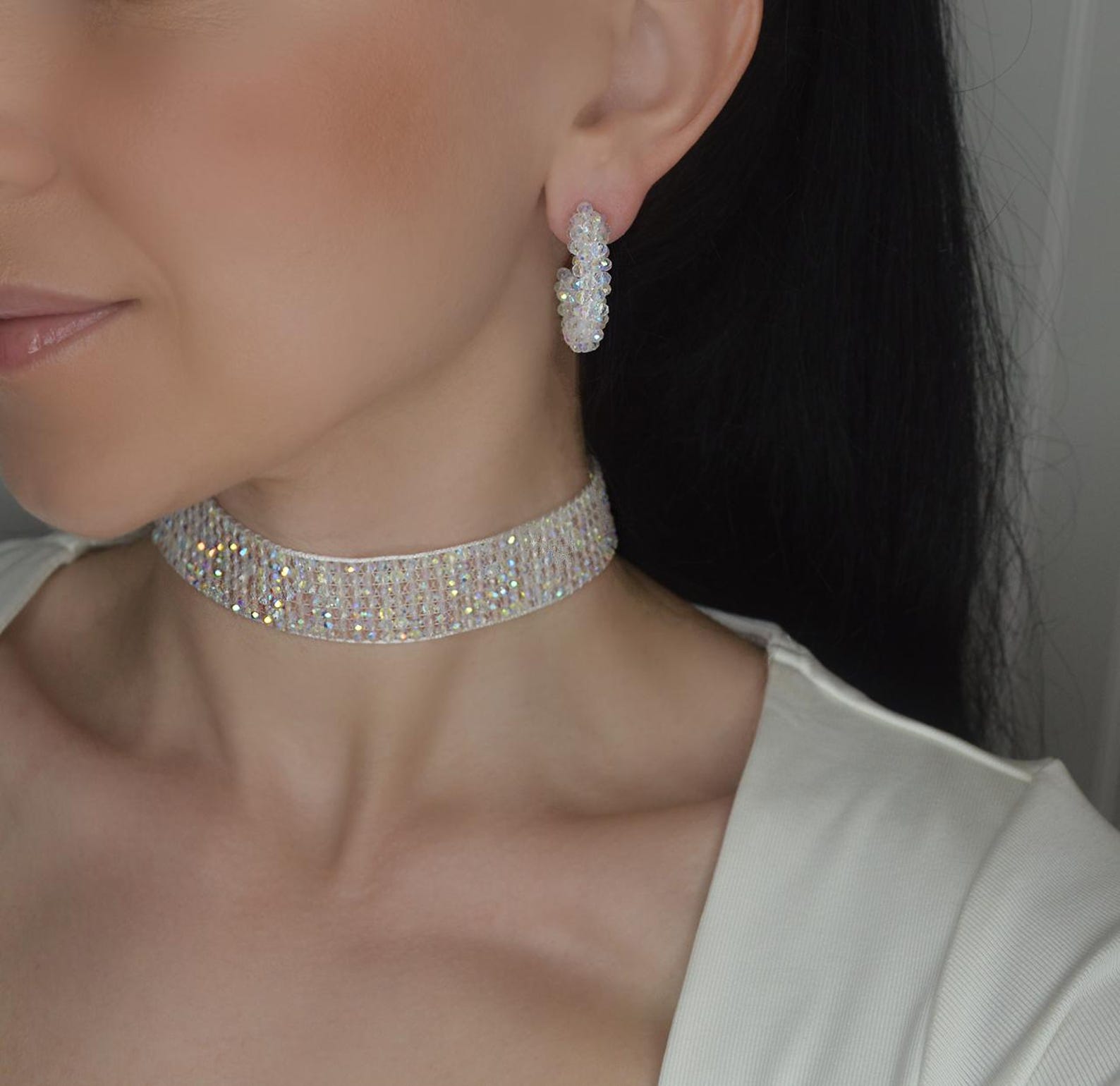 Elegant White Sparkling Crystal Choker Necklace & Hoop Bead Earrings ...