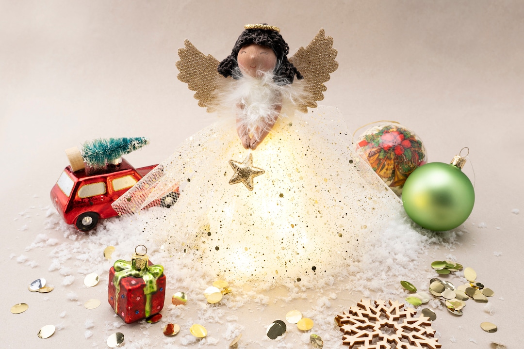 Gold Dark Haired Light up Tree Topper Angel Hanging Decoration - Etsy