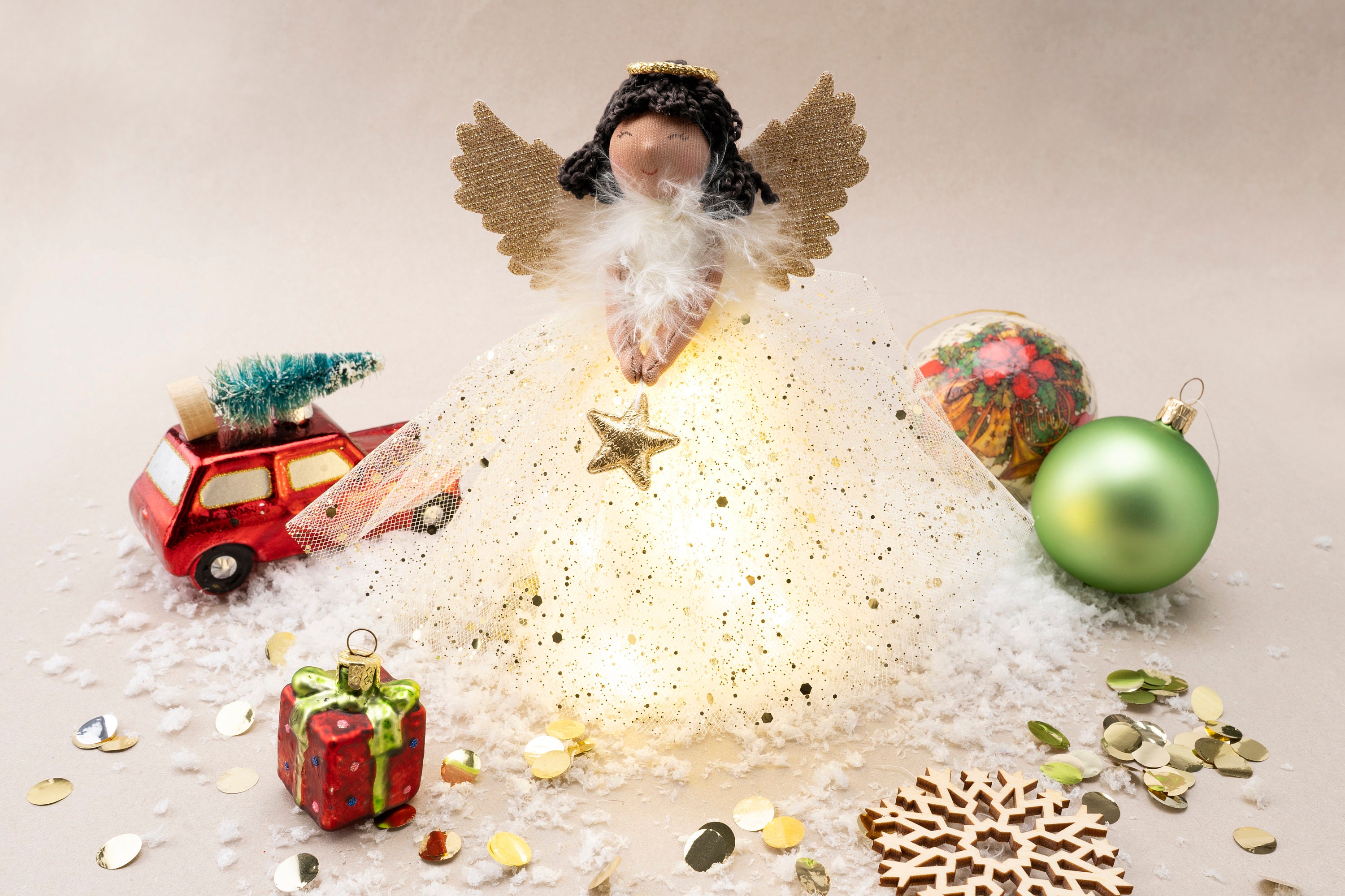 Gold Dark Haired Light up Tree Topper Angel Hanging Decoration - Etsy