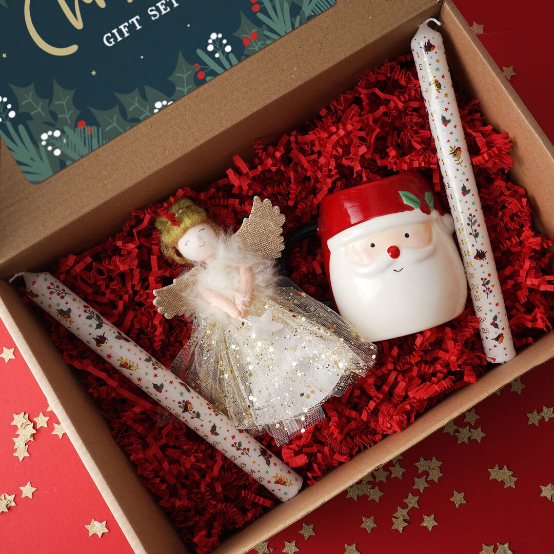 Christmas Gift Box Set • Angel Light up Tree Topper, Santa Snack Mug ...