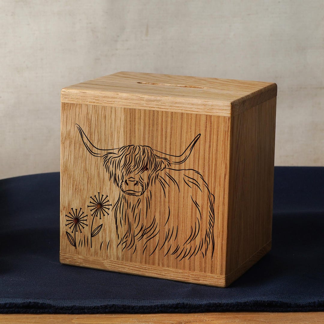 Highland Cow Oak Money Box | Wooden Money Box | Saving | Piggy Bank - Etsy