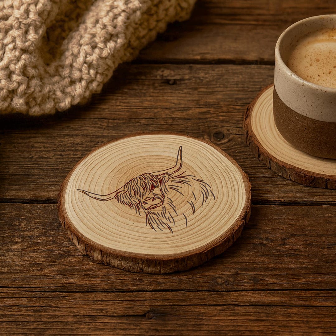 Bramble Farm Highland Cow Coaster | Wooden Log Drink Coaster | Rustic ...