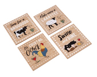 Oak Wooden Farm Animal Coasters Set of 4 - Etsy