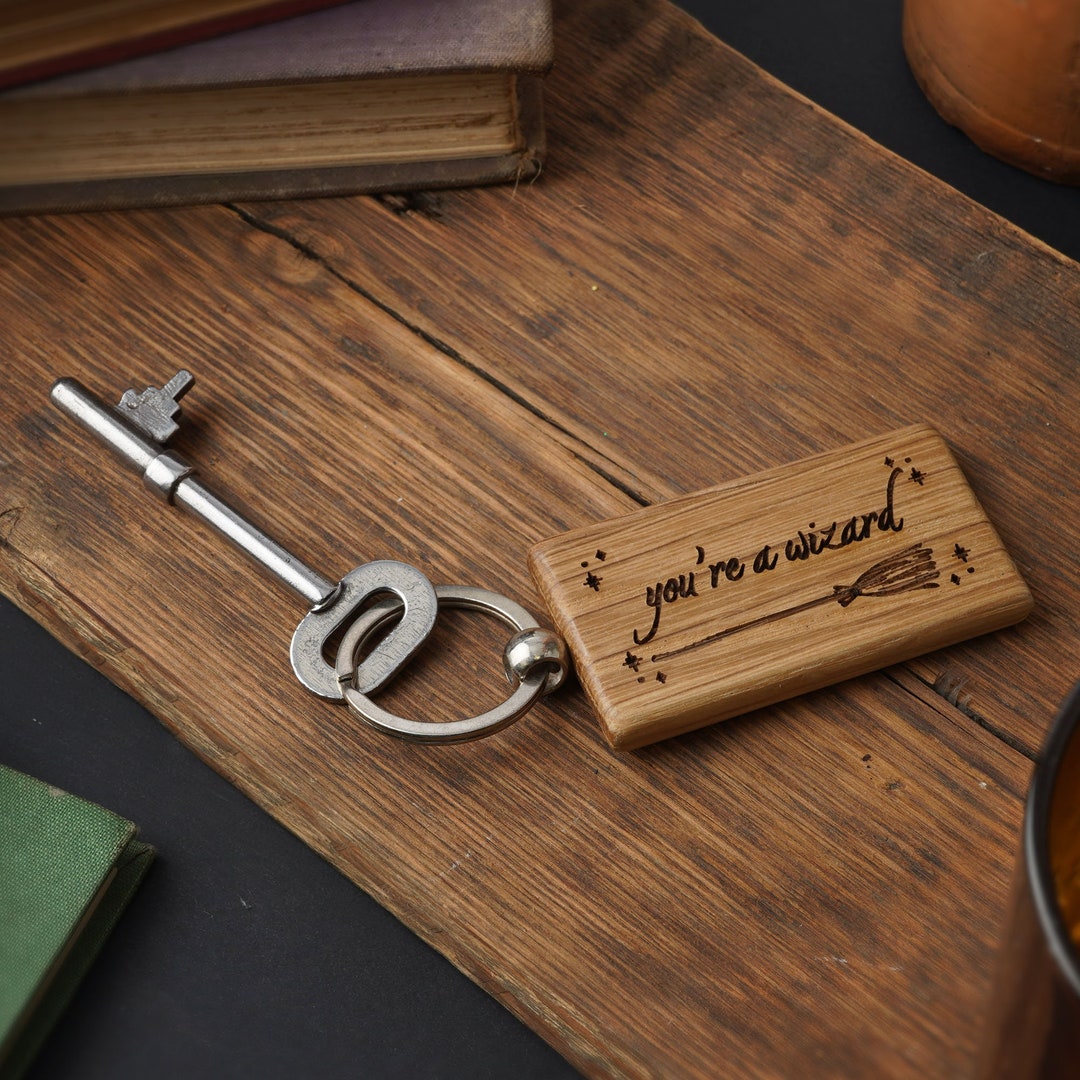 Personalised Rectangular Oak Keyring 'you're A Wizard' With Broomstick ...