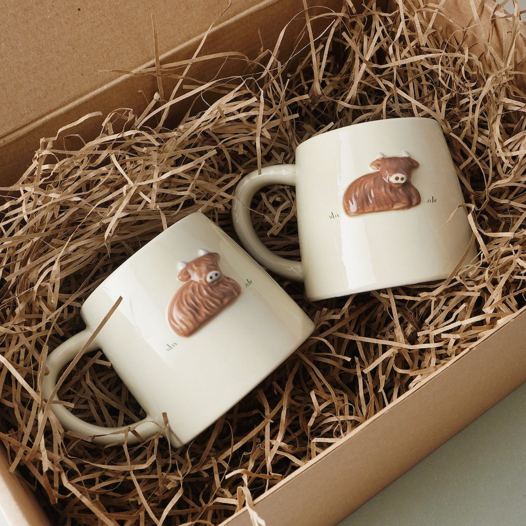Highland Cow Gift Box Set • 2x Highland Cow Stoneware Mugs • Home Decor ...